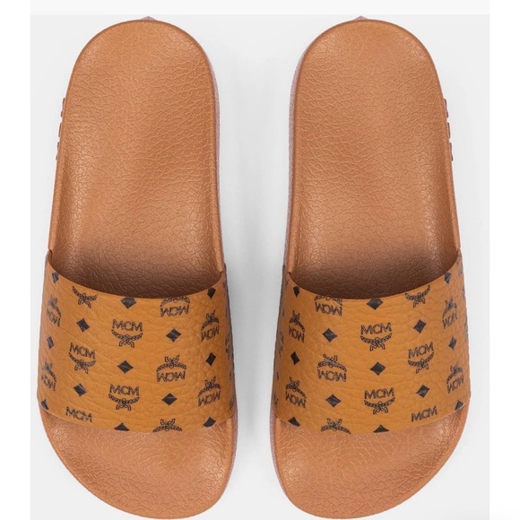 MCM | Shoes | Mcm Tan Logo Pattern Slides | Poshmark